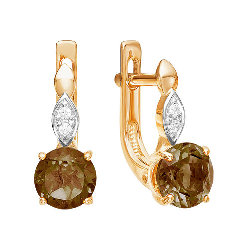 Серьги, золото, 585 проба, фианит, раухтопаз