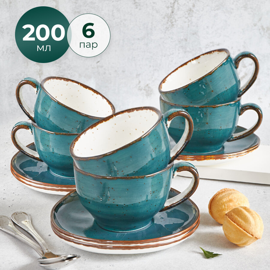Чайный набор/для чаепития/Чайная пара фарфор/Чашки-кружки с блюдцами 200 мл, 6 пар