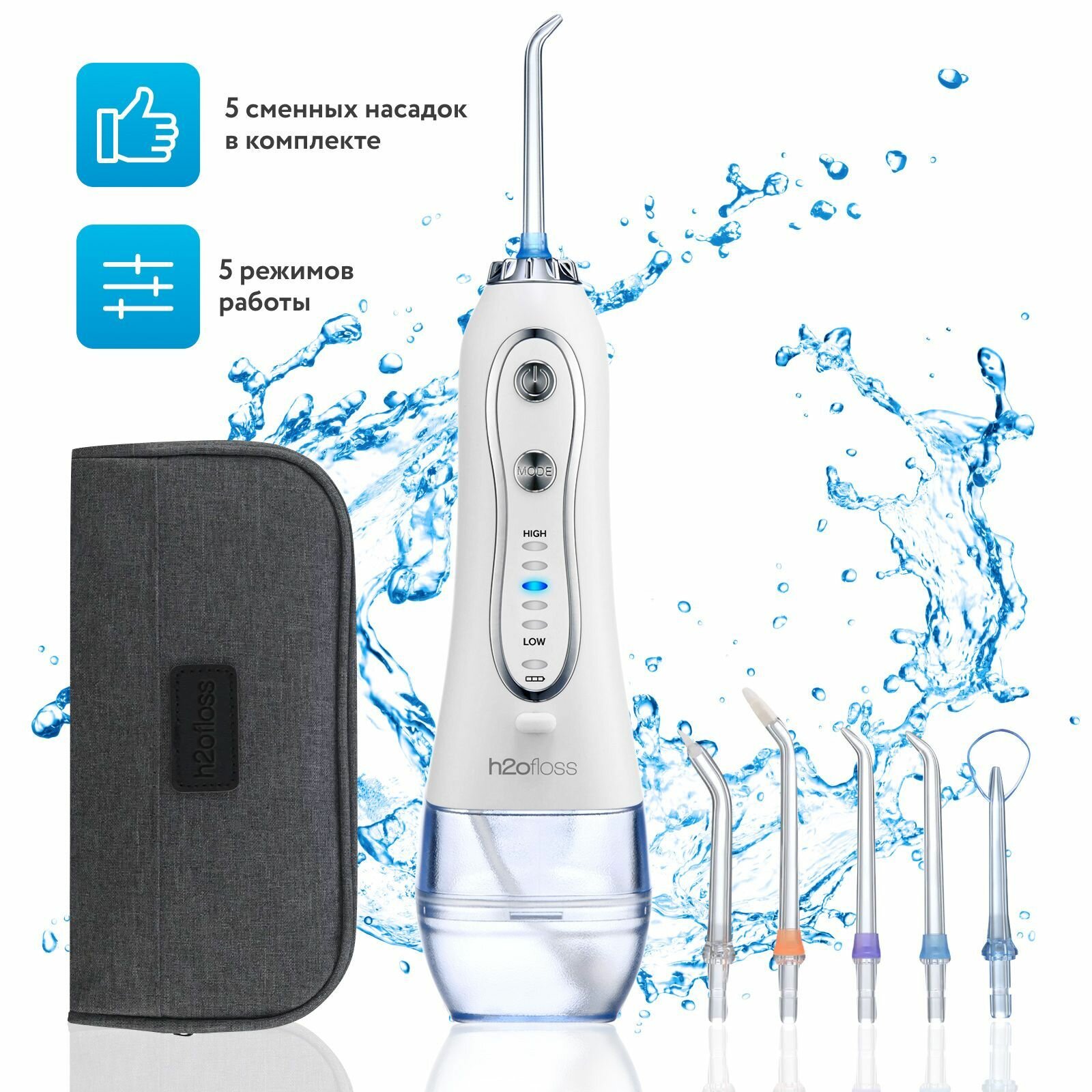 Ирригатор MILENI H2O Floss, портативный, импульсный, 5 режимов