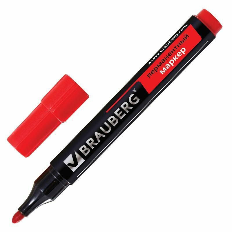 Маркер перманентный (нестираемый) BRAUBERG "Contract", красный, кругл. наконечн.3мм, без клип (3 штуки в упаковке)