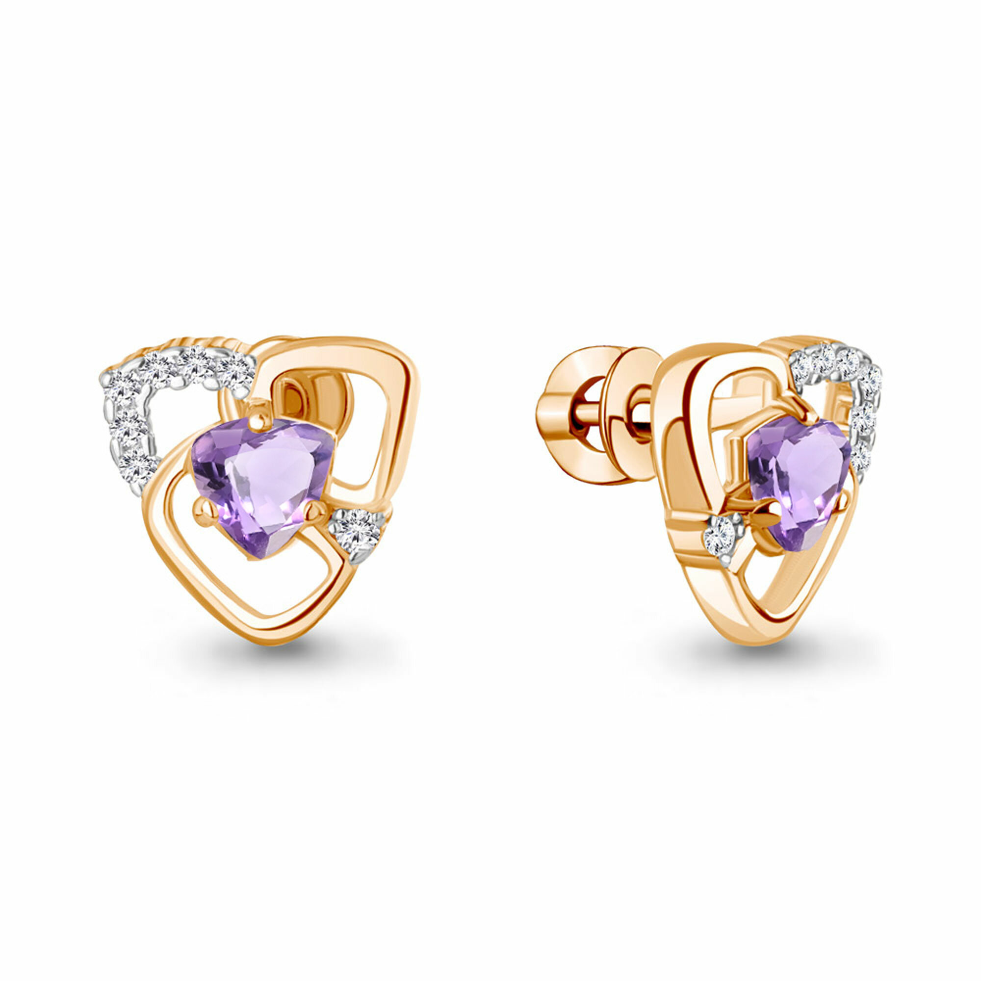 Серьги пусеты, серебро, 925 проба, золочение, аметист, фианит