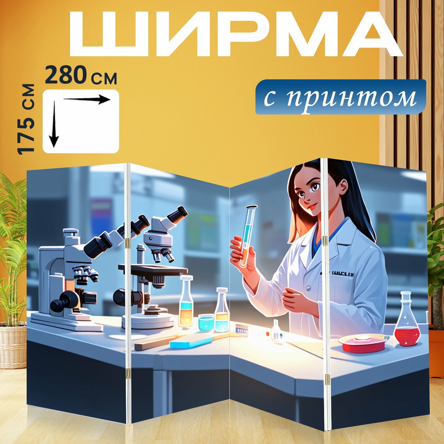 Ширма "Лаборатория с исследователем, который проводит опыты, удерживая пробирку с яркой субстанцией. на столах." перегородка для зонирования комнаты с принтом 280x175 см. на холсте