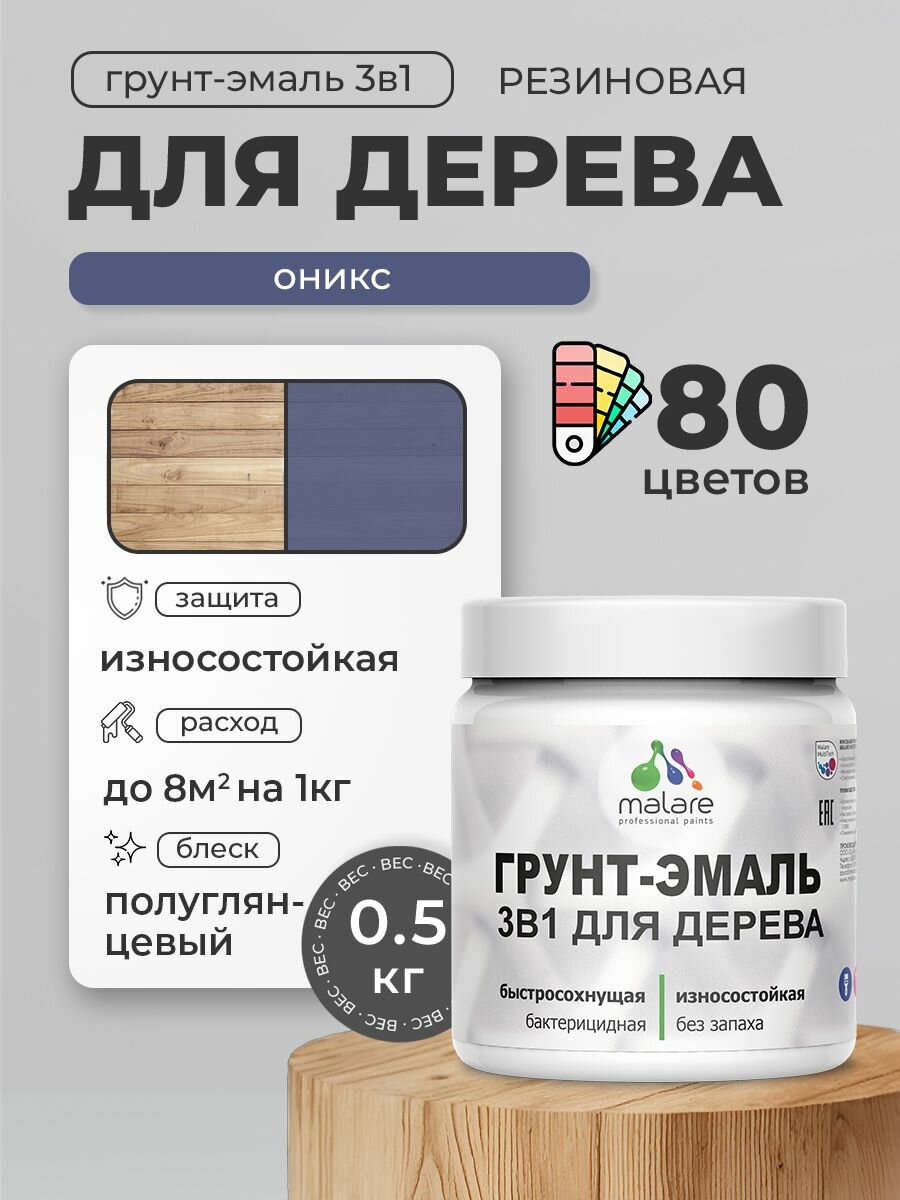 Резиновая Грунт-Эмаль 3 в 1 Malare для деревянных поверхностей/ краска по дереву с антисептическим эффектом/ быстросохнущая моющаяся без запаха полуглянцевая, оникс, 0.5 кг