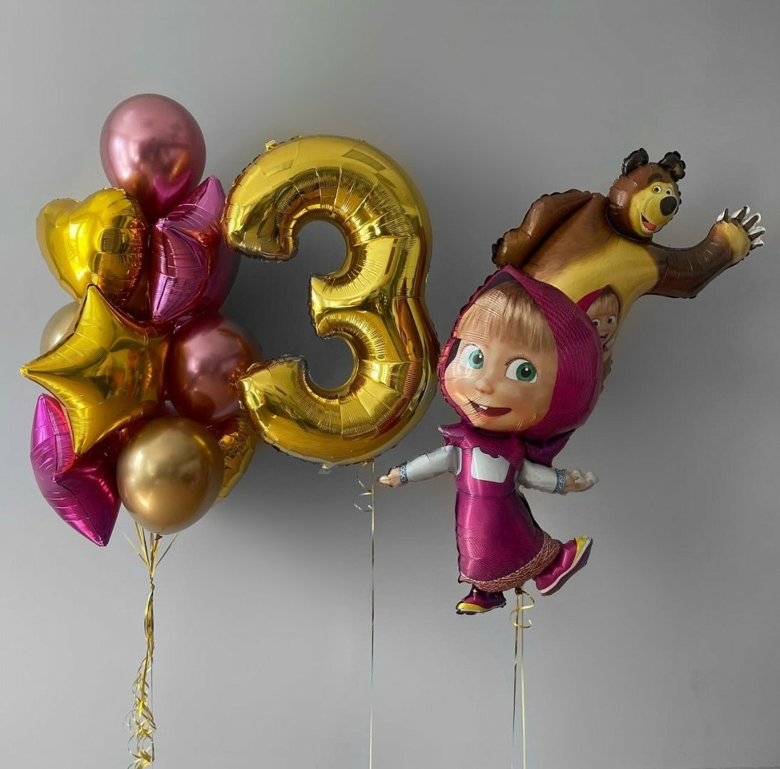 Композиция воздушных шаров с гелием «Веселый праздник с Машей и Медведем»