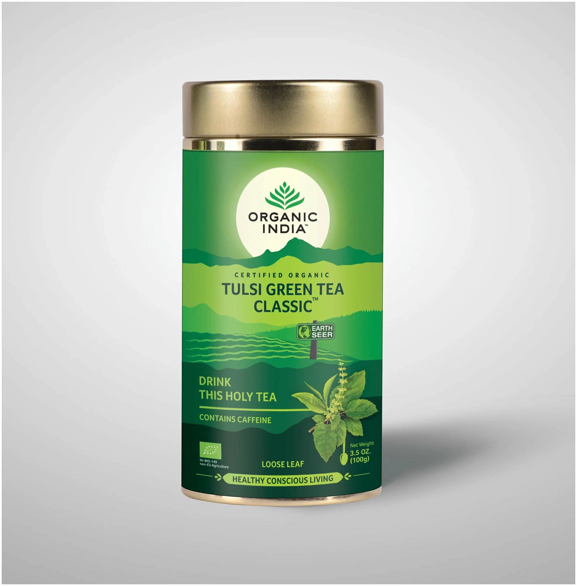 TULSI GREEN TEA CLASSIC, Organic India (тулси зелёный ЧАЙ Классический, Органик Индия), банка, 100 г.