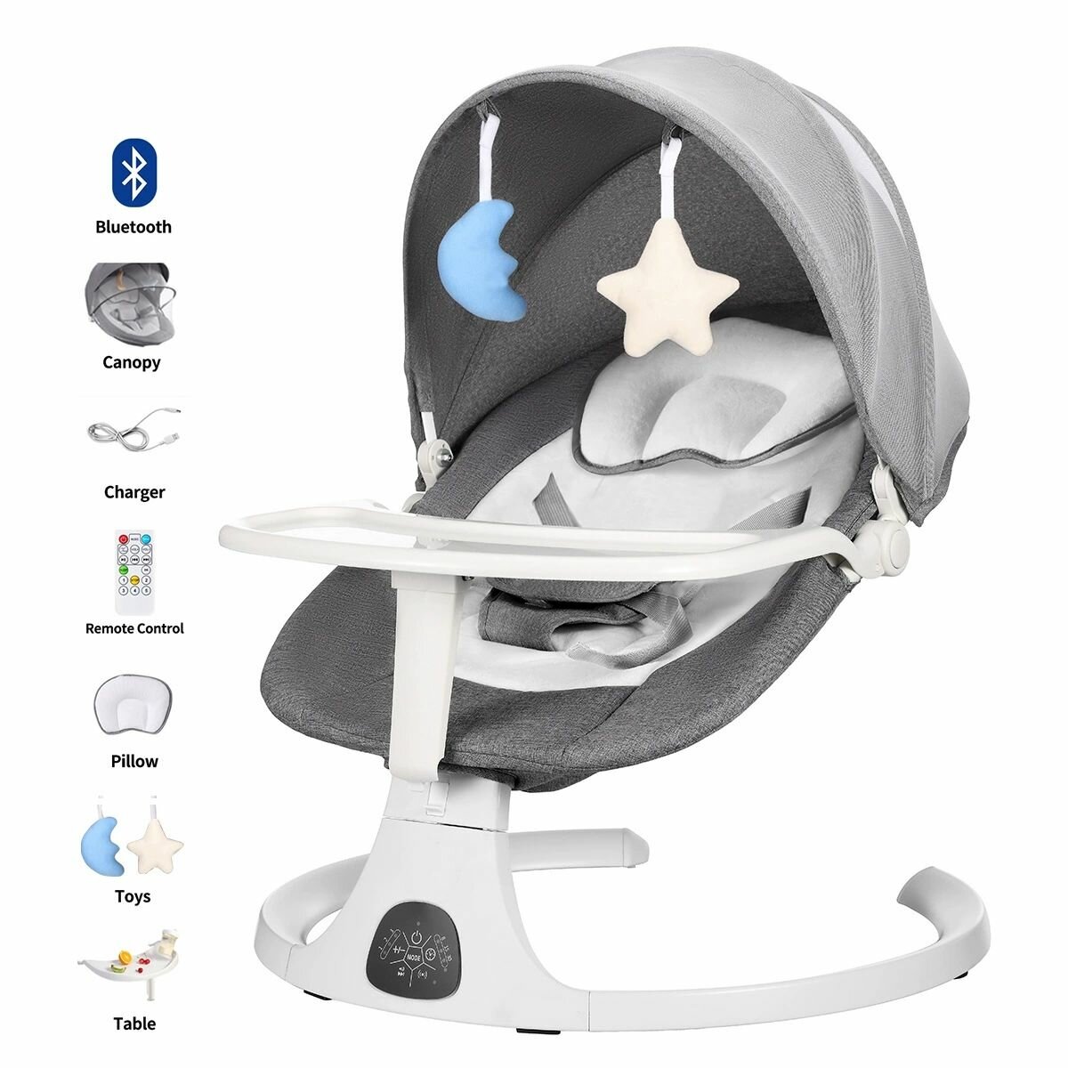 Электрокачели для новорожденного, Кресло-качалка, шезлонг для новорожденных от 0+, с игрушками Bluetooth, серый