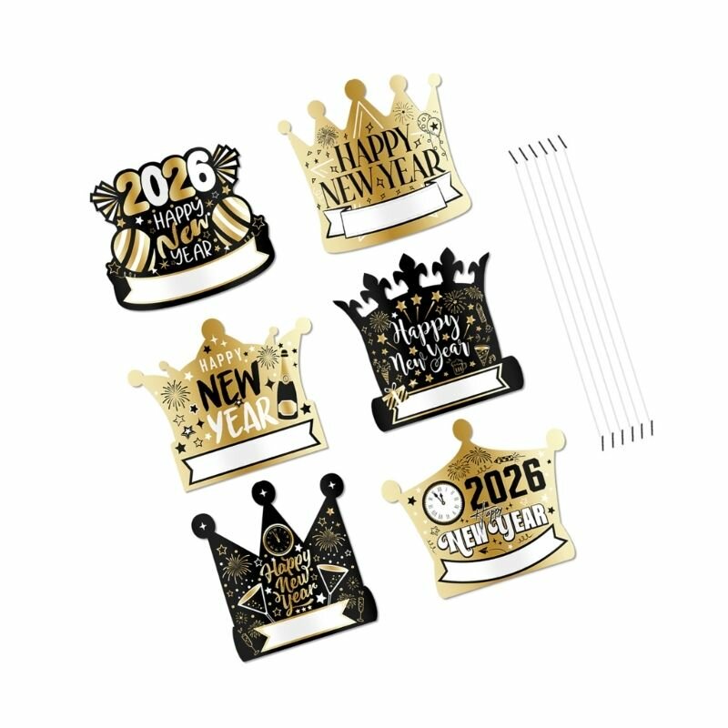 Украшение новогодней вечеринки 2026 года, ношение бумажных шляп, эластичных головных уборов для вечеринок-6шт