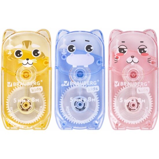 Корректирующая лента Brauberg KIDS "зверята", 5 мм х 8 м, механизм перемотки, корпус ассорти, блистер, 272499