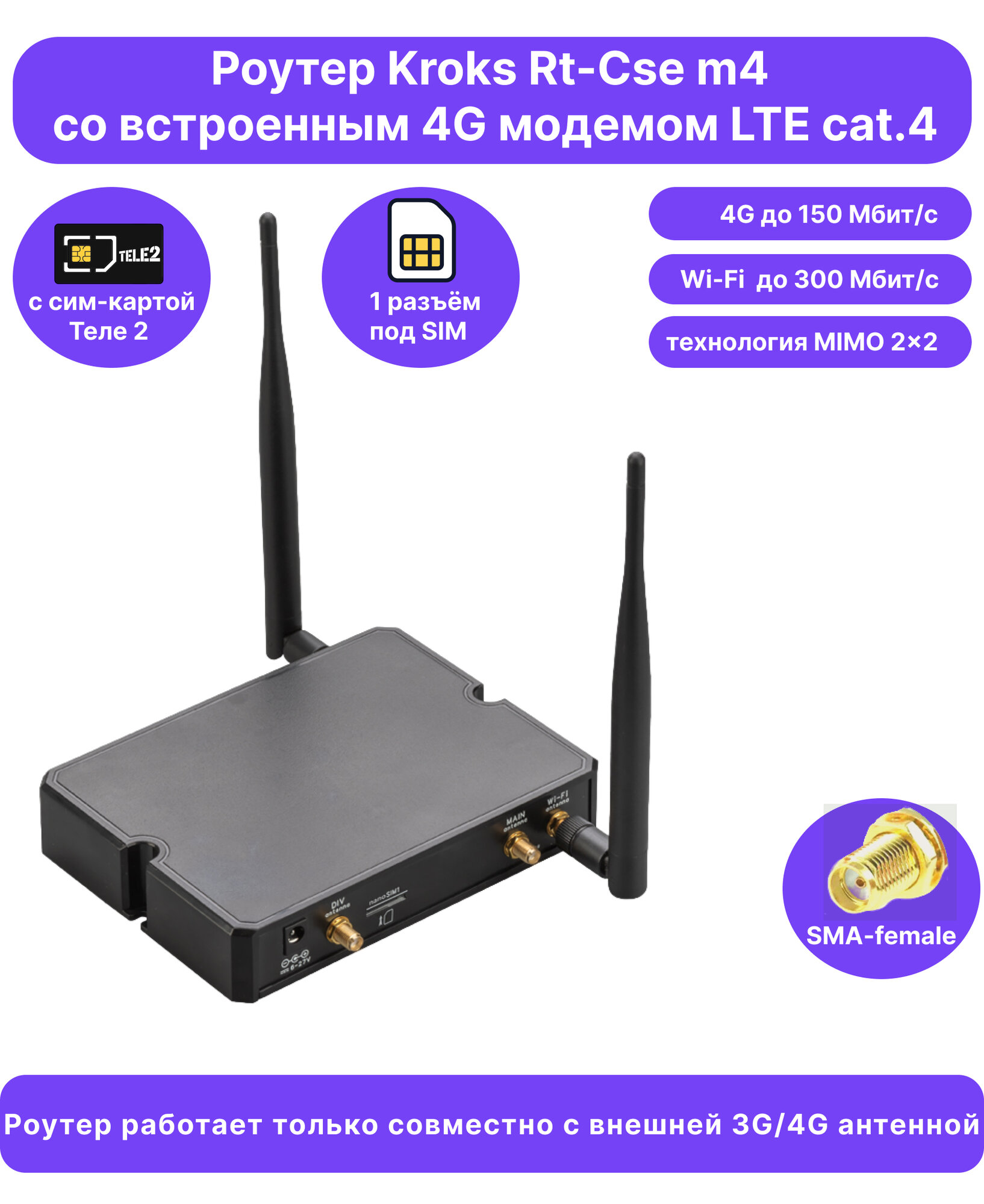 Роутер со встроенным 4G модемом LTE cat.4, KROKS Rt-Cse m4 (SMA-female) Т2