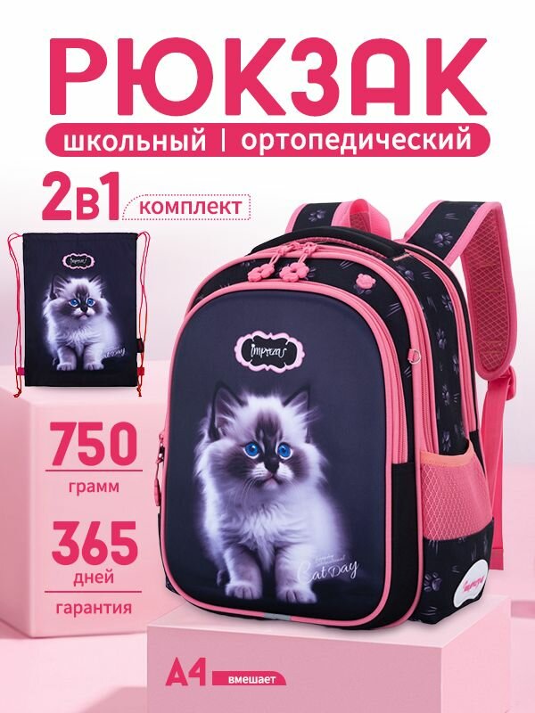 2 в 1 Рюкзак школьный для девочки, ортопедический ранец с пеналом для 1-4 класса, с котёнком
