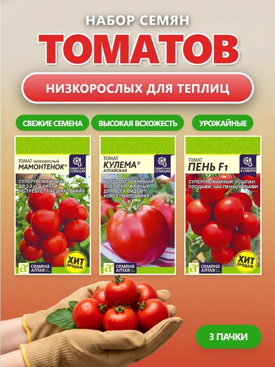 Низкорослые томаты для теплиц, 3 сорта, бренд Семена Алтая
