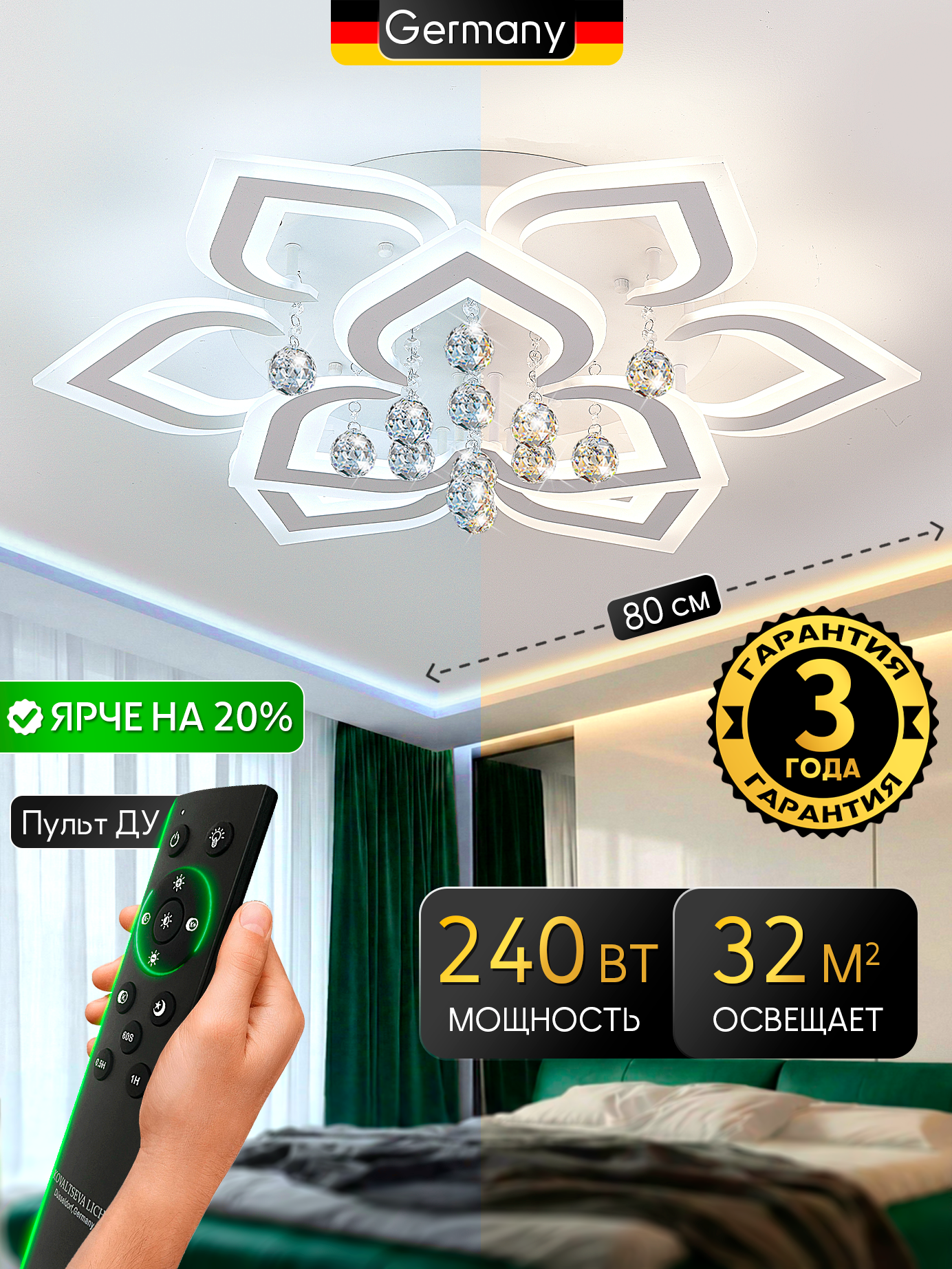 Светодиодный светильник люстра с пультом ДУ, 240W, белый, LED