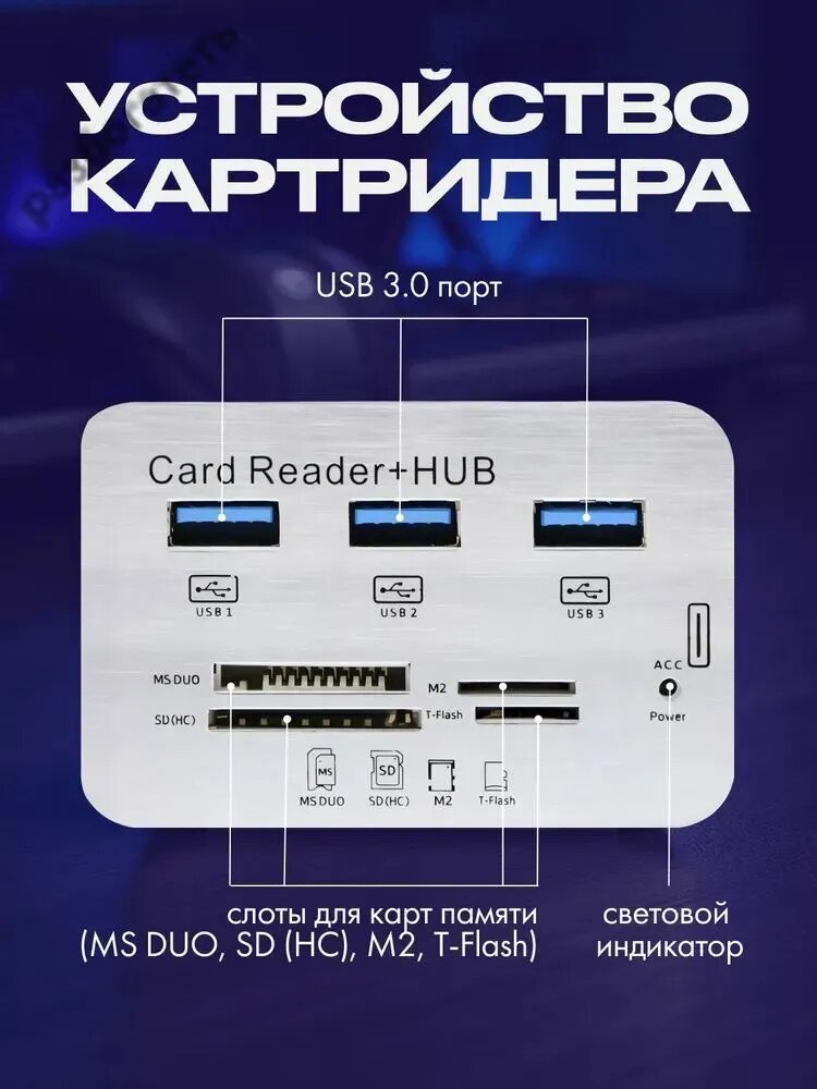 Многофункциональный USB-концентратор 7 в 1 с кардридером: USB 3.0, Micro SD, SD, MS DUO, M2 для быстрой передачи данных, черный — фото 1