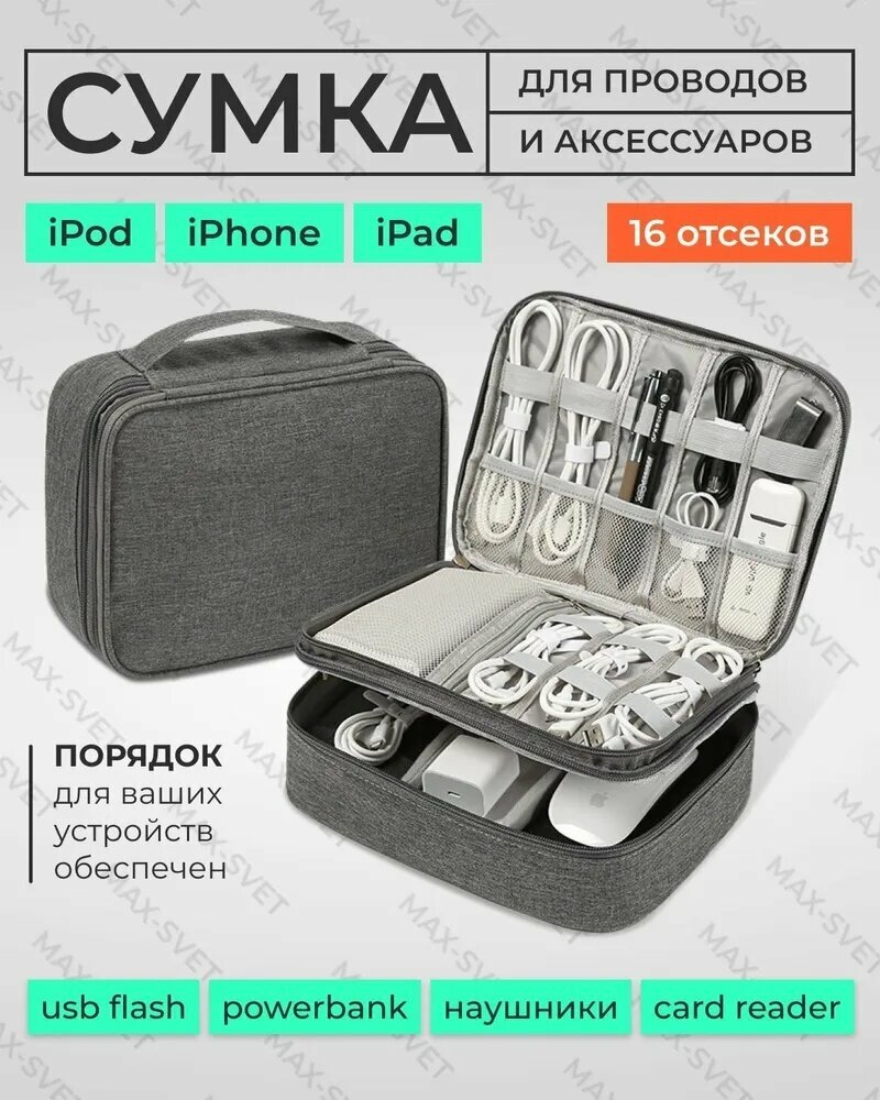 Органайзер для электроники (сумка) MAXSVETSHOP водостойкий, на молнии, с разделителями