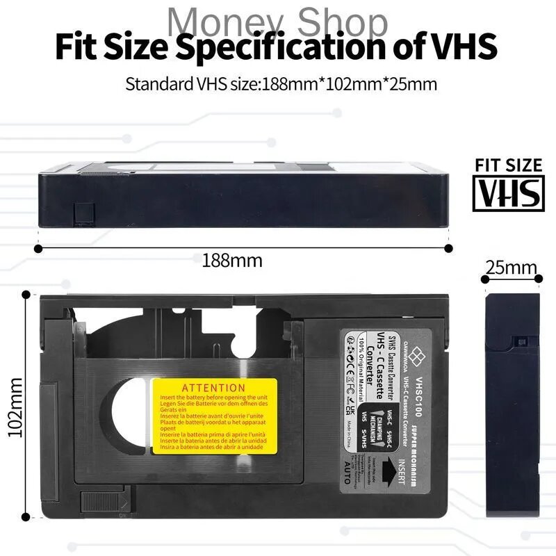 Конвертер VHS-C в VHS для записи видеокассет, портативный, черный цвет, для домашнего использования — фото 1