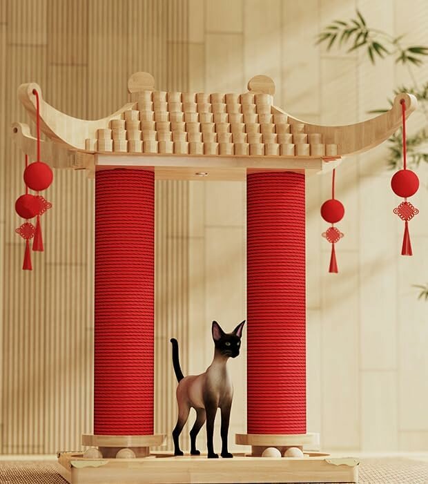 DINGXIAN Натуральный Когтеточка-Кошачья Башня из Конопли: Двойная Пагода, Стабильная Стойка для Лазания, Защита Мебели, Игровой Центр для Кошек и Котят