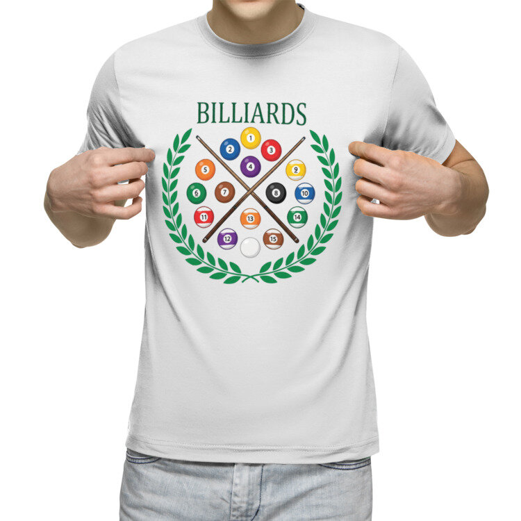 Мужская футболка «Эмблема Billiards принт для любителей бильярда» (белый, S)