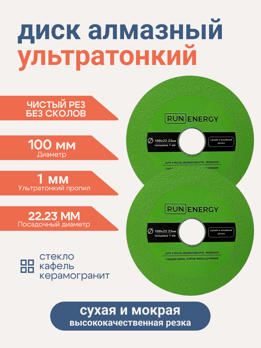 Диск алмазный 2шт ABC для резки стекла, керамики, керамической плитки и других материалов 100 х 20 х 1 мм.