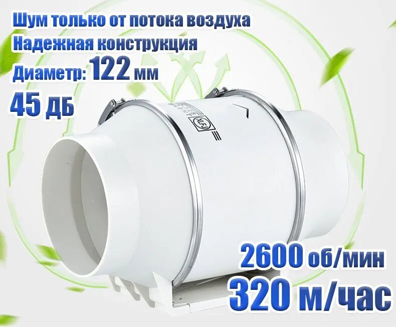 Вентилятор канальный бесшумный/ 125 мм 320 кубов/ Silent 40 дб/ Скорость 2600 об. мин