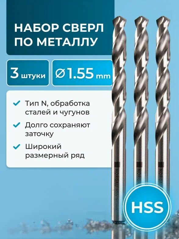 Набор сверл 3 штуки, 1.55 мм NORGAU industrial HSS спиральное, шлифованное, с подточкой перемычки, правое, DIN 338