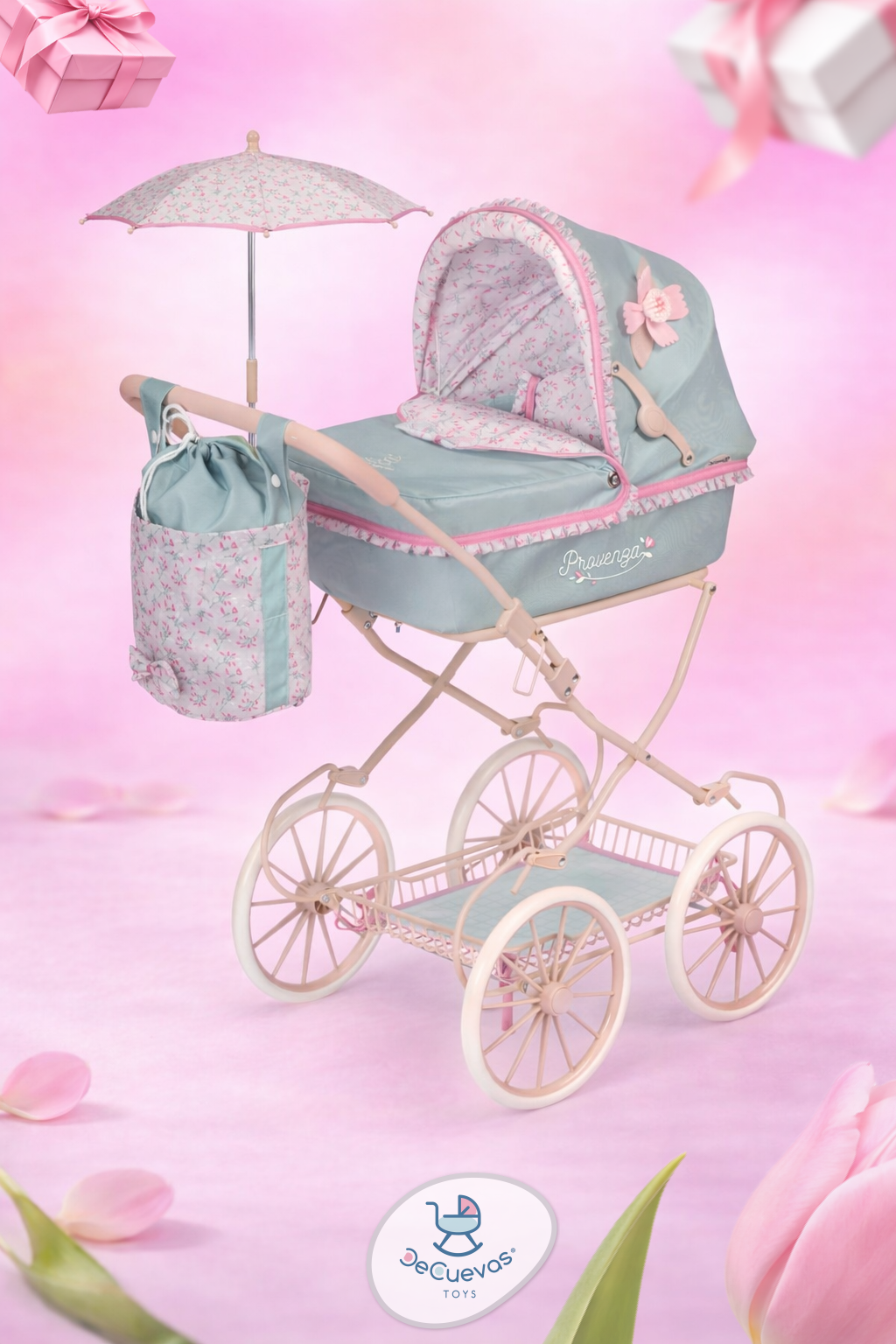 Коляска для кукол люлька DeCuevas Toys 81045, с аксессуарами съемной сумкой-кисетом и зонтом, высота ручки 81 см, серия Прованс, классический дизайн, большие колеса