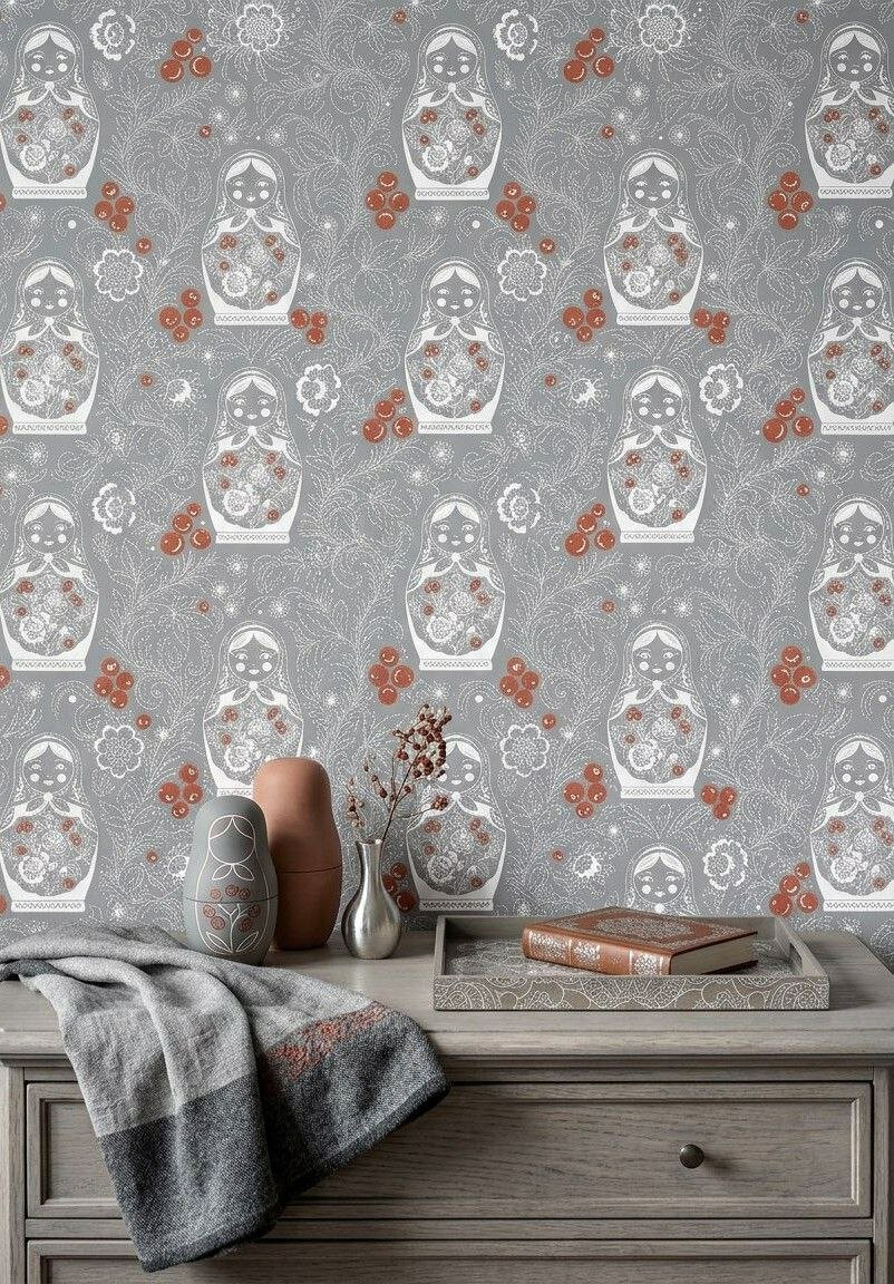 Обои бесшовные "Матрешки" серый №4 (ширина 2550мм х длина 5500мм)
