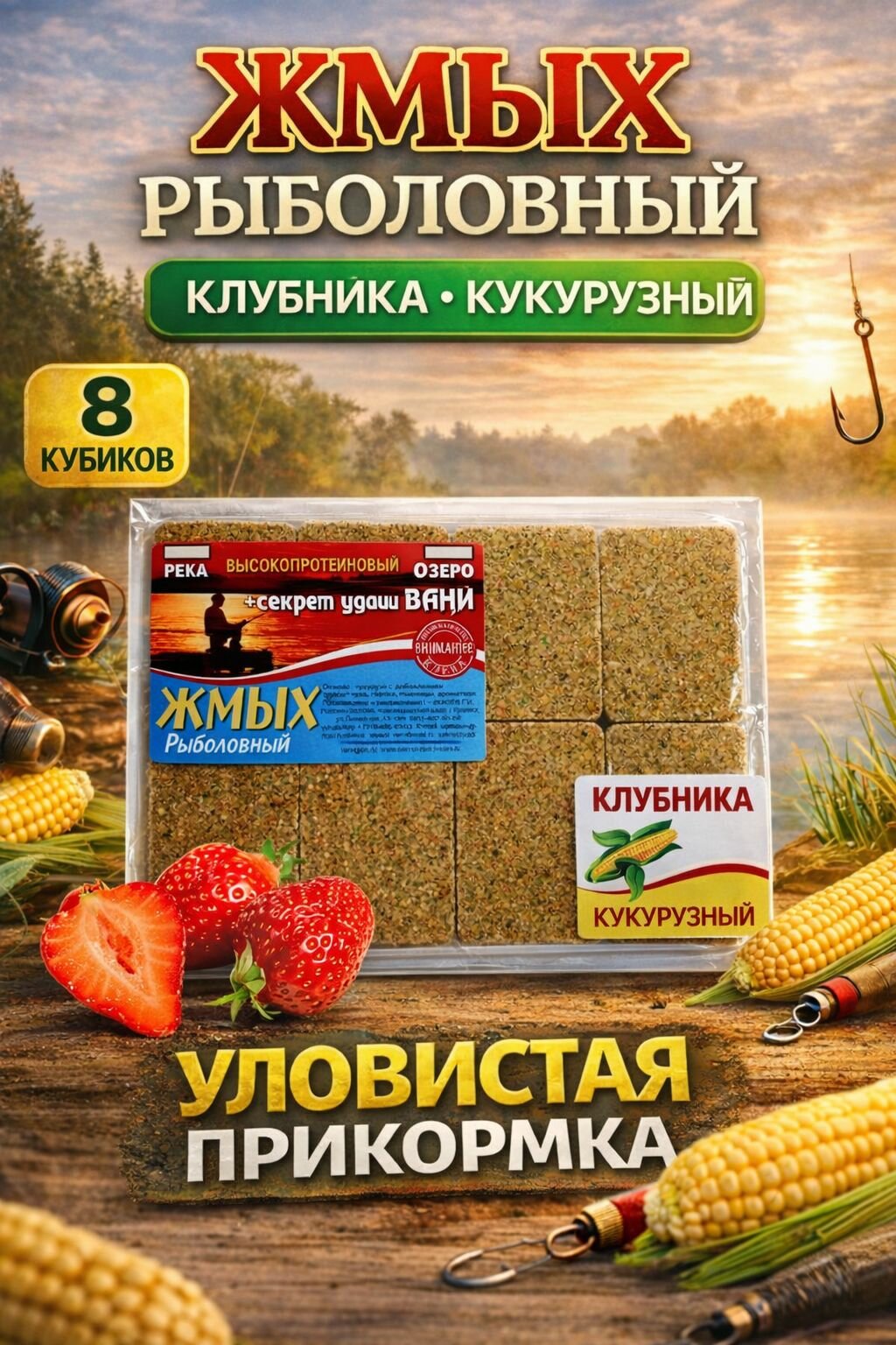 Жмых для рыбалки кубики 8 шт, макуха для макушатника "клубника", прикормка для карпа карася, прессованный жмых