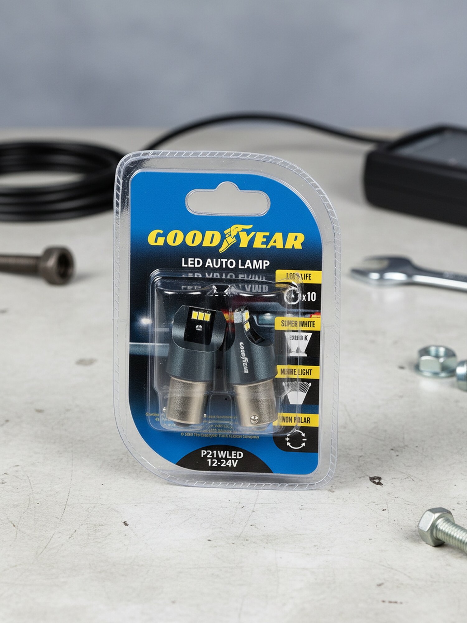 Светодиодные лампы Goodyear P21 WLED GY012025 12-24V для автомобиля, комплект 2 штуки, белый свет для ДХО и стоп-сигналов
