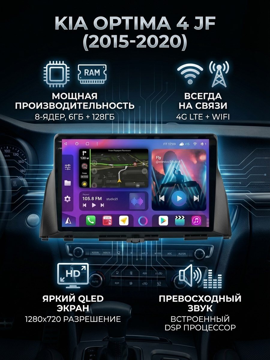 Штатная магнитола КИА Оптима 4 (Kia Optima 4 JF) 2015-2020 на Android 14, WiFi + 4G, CarPlay