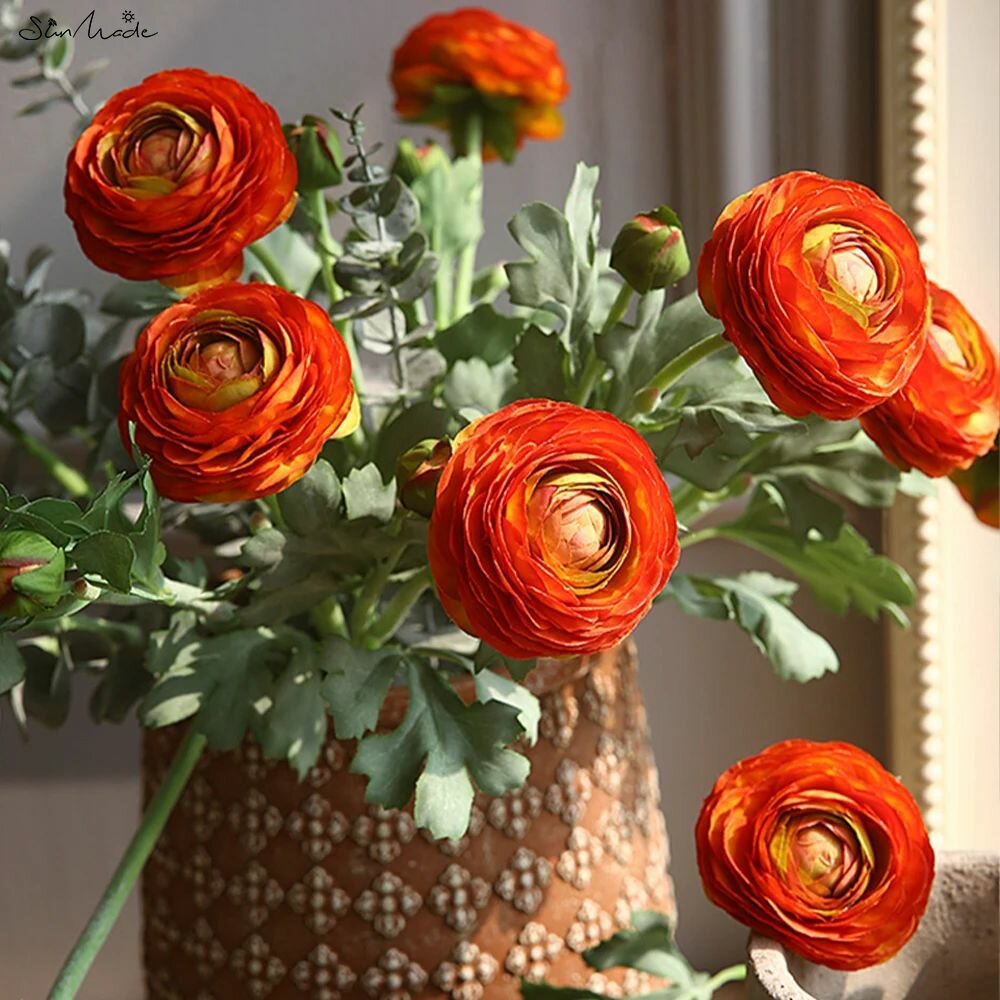Искусственные цветы Ранункулюс 50 см 2 букета премиум для декора и интерьера оранжевый