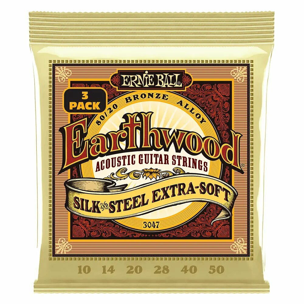 Струны для акустической гитары ERNIE BALL 3047 Earthwood 80/20 Silk and Steel Extra Soft 3 Pack 10-50