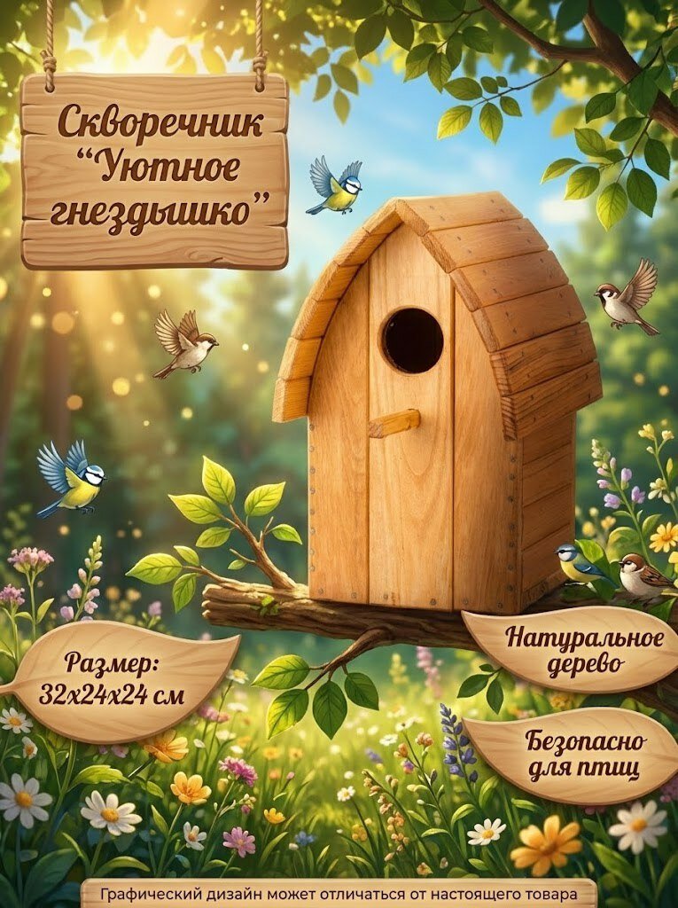 Скворечник для птиц Уютное гнездышко из натурального дерева.