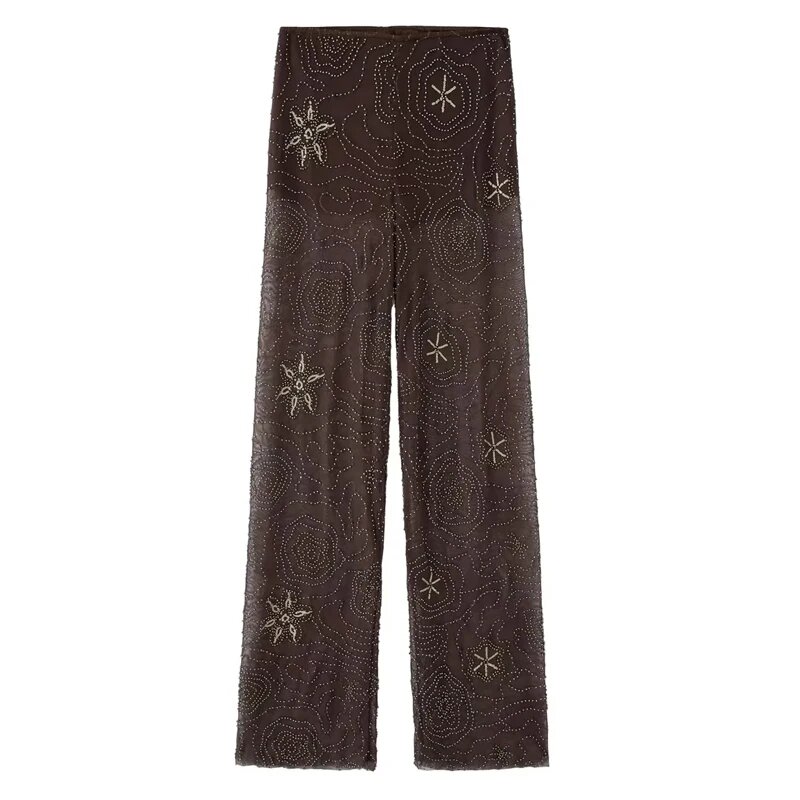 Женские Брюки С Высокой Талией, Расшитые Бисером, Весна-лето, Блестящие Длинные Прямые Леггинсы Из Полисатина С Эластичным По.