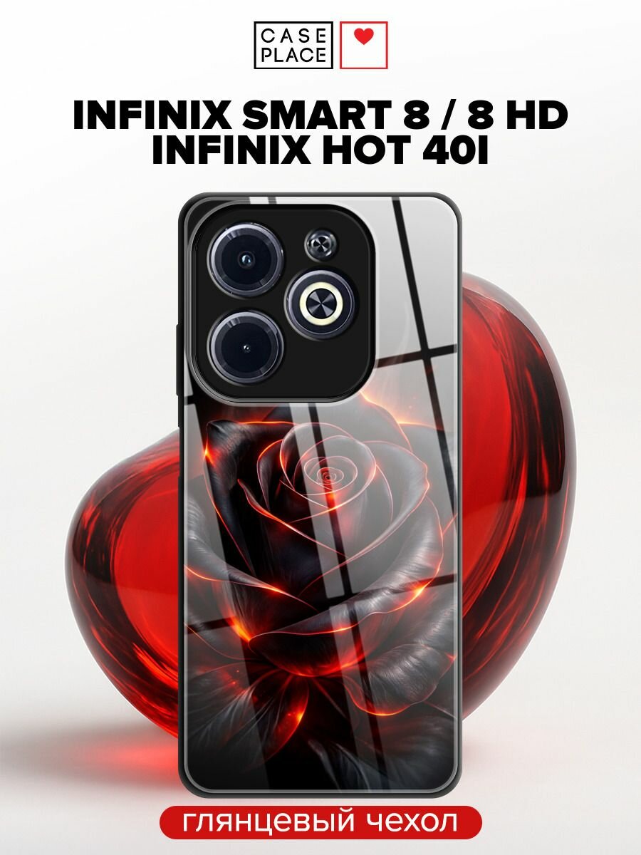 Чехол на Infinix Smart 8/Smart 8 HD/HOT 40i / Инфиникс Смарт8/Смарт8 HD/Хот 40i с принтом "Огненная черная роза"
