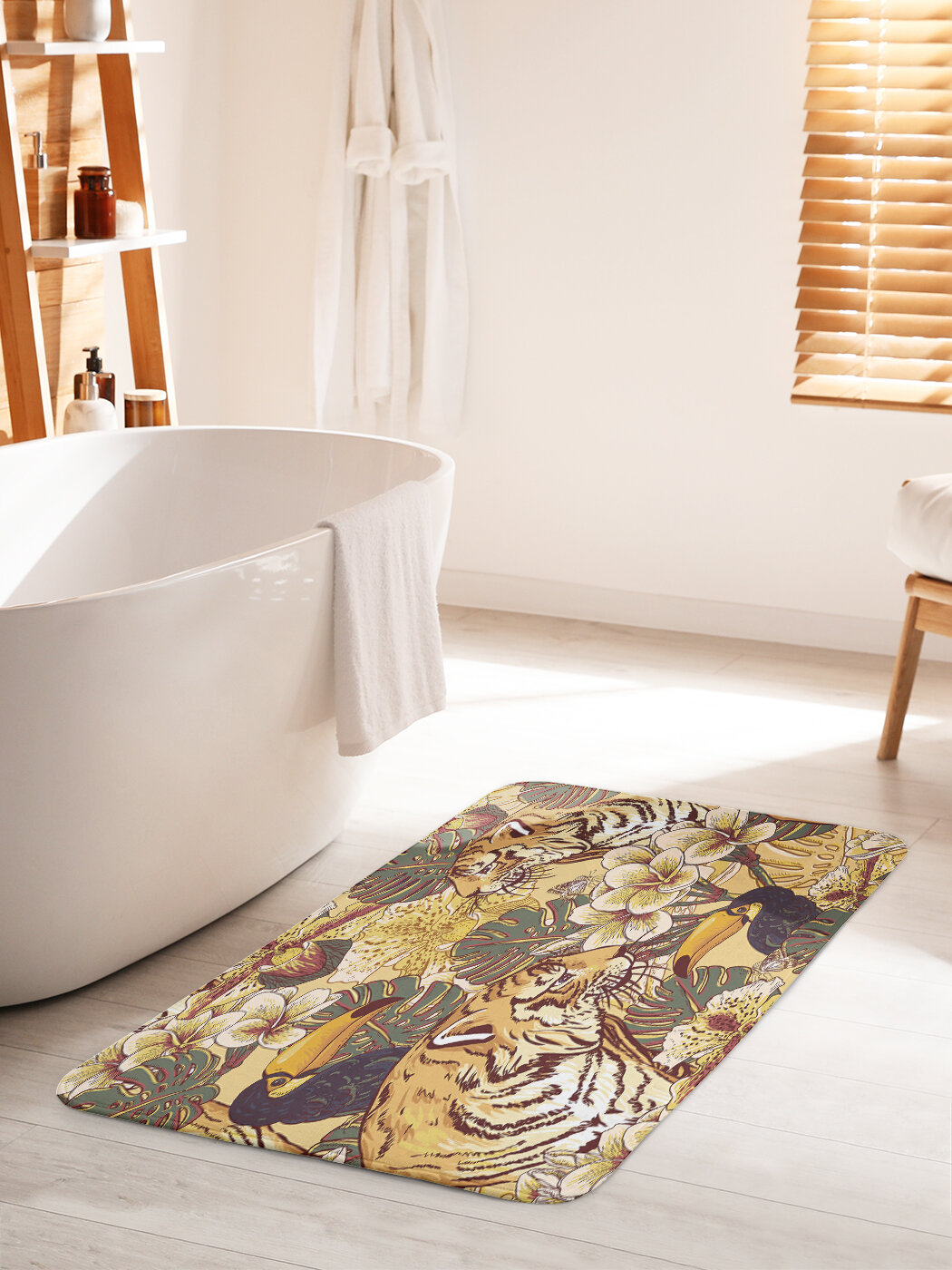 Коврик для ванной комнаты и туалета противоскользящий "Тигры в цветах с туканами" 60х100 см, JoyArty