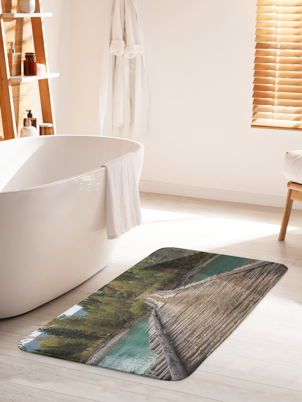 Коврик для ванной комнаты и туалета противоскользящий "Деревянный речной мост" 60х100 см, JoyArty