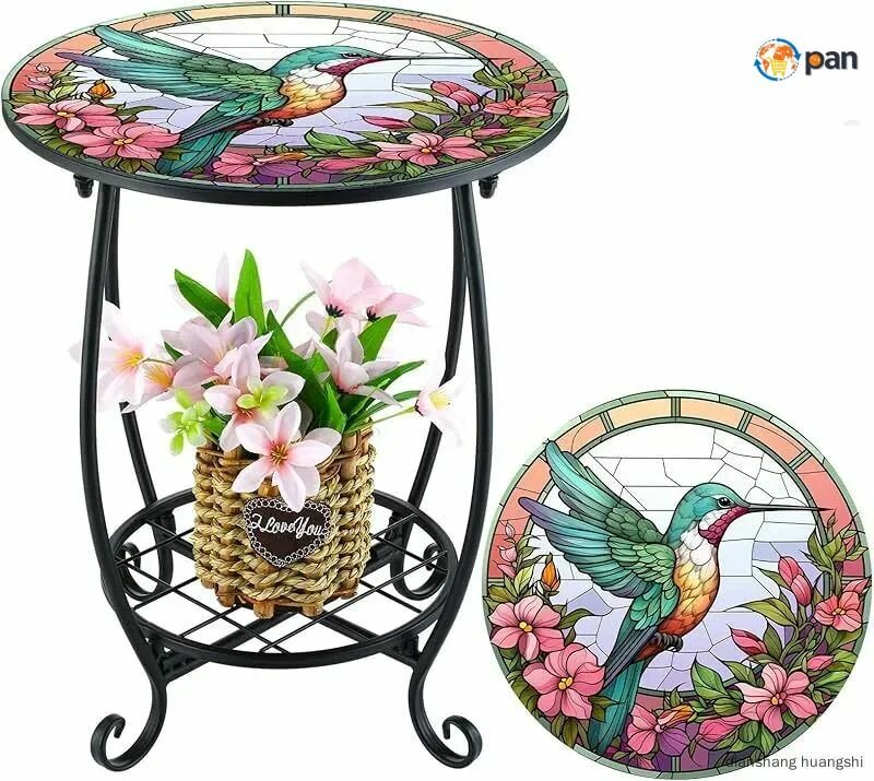 Садовый столик металлический круглый с узором колибри, для напитков, закусок и растений дома, на террасе, в патио