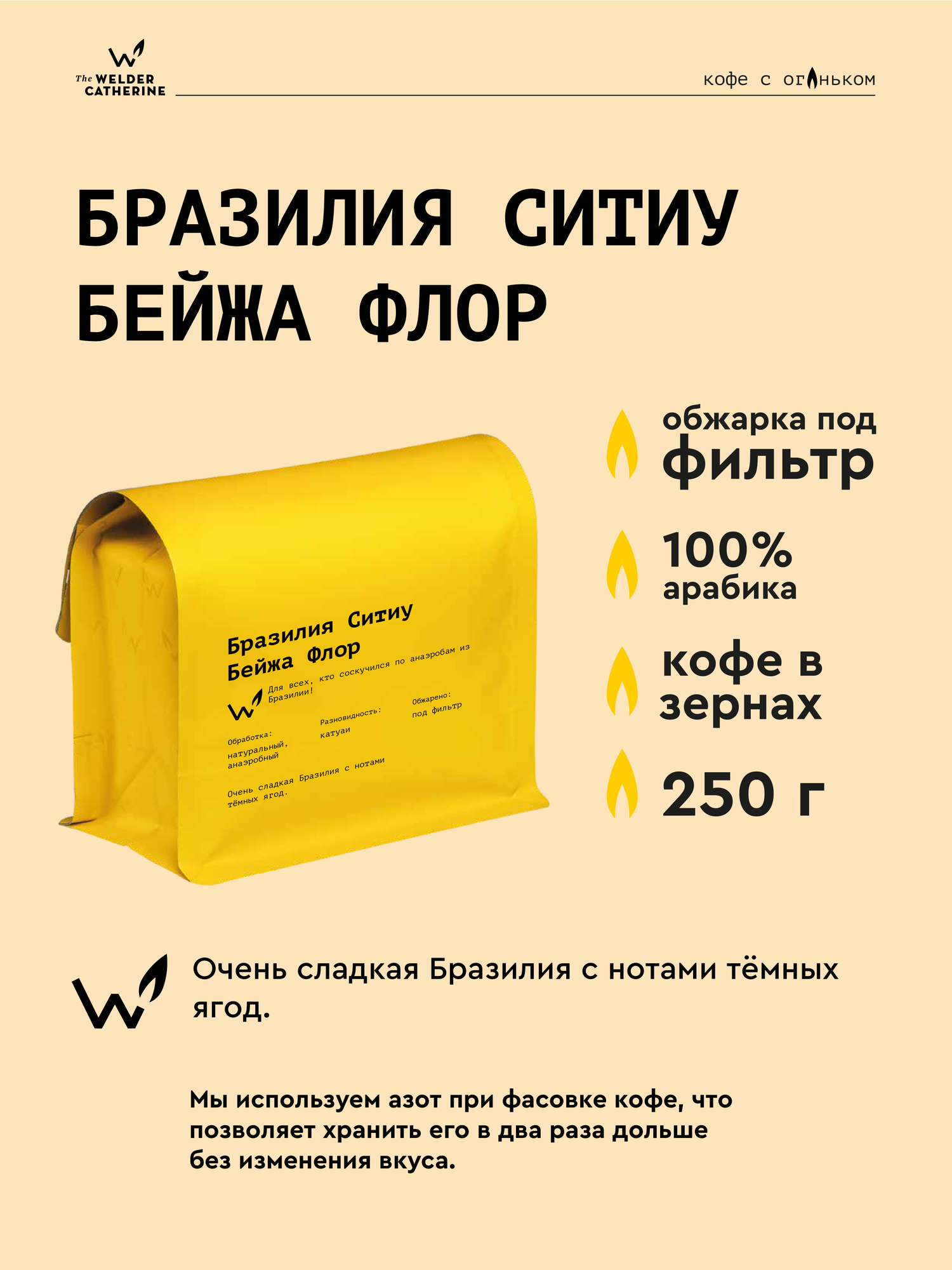 Кофе в зернах Сварщица Екатерина "Бразилия Ситиу Бейжа Флор" под фильтр- 250 гр