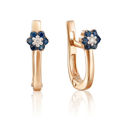 Серьги, красное золото, 585 проба, сапфир, бриллиант
