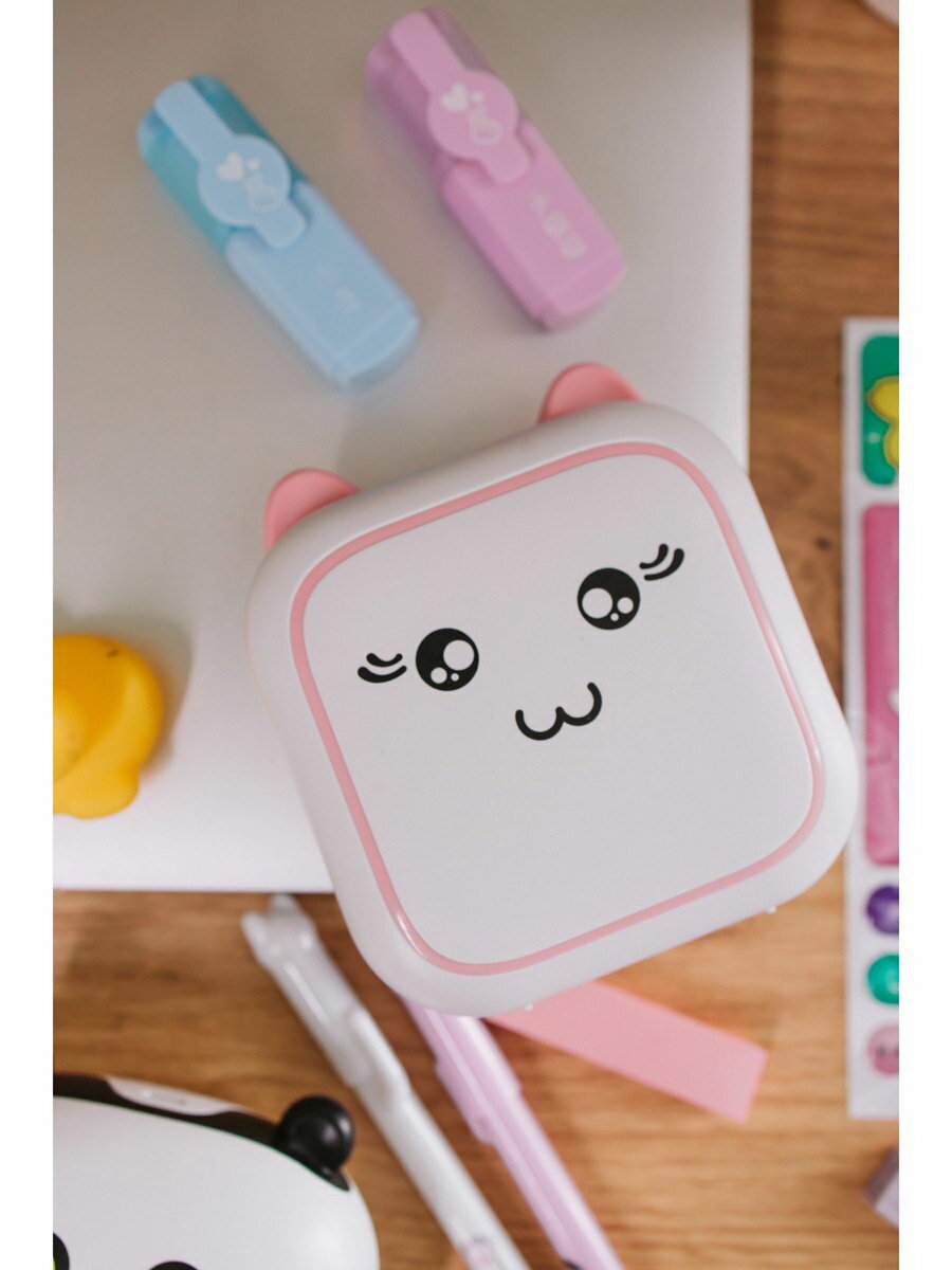 Детский мини принтер для печати с телефона "Кот", модель LPR-19, кабель Туре-С, розово-белый