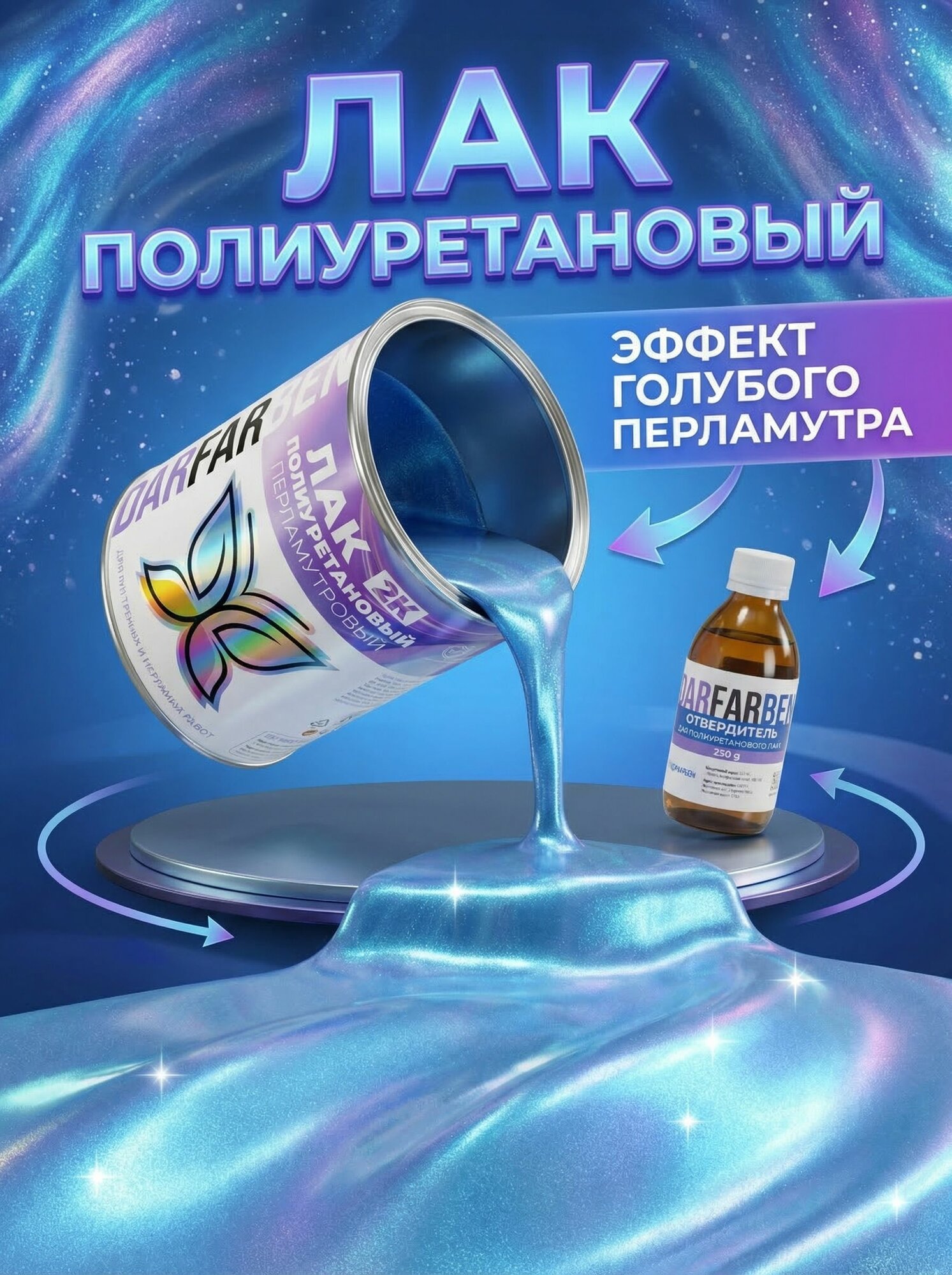 Авто лак полиуретановый перламутровый: глянцевый, ксираллик голубой, лессирующий для автомобиля и мотоцикла 1 кг DARFARBEN