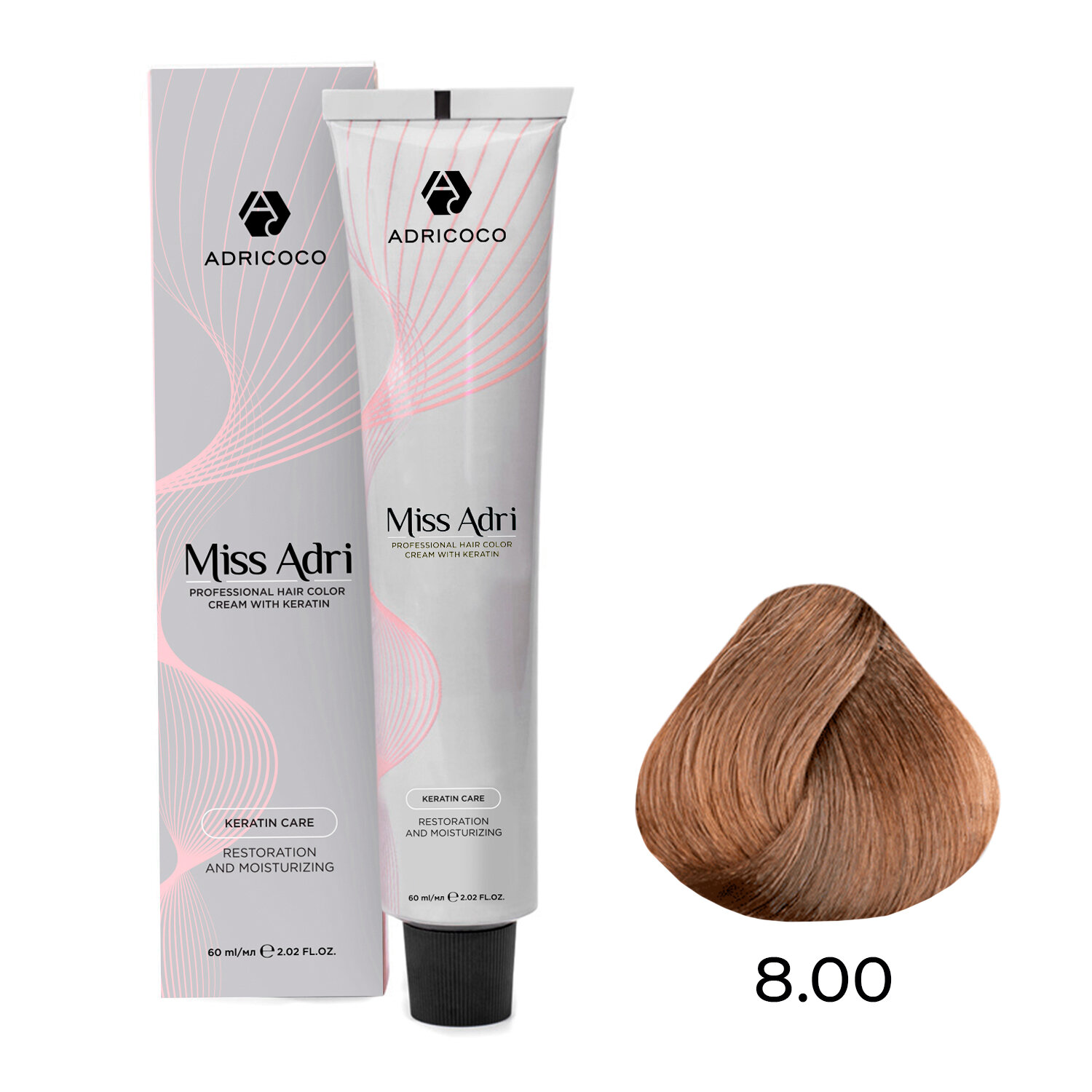 Крем-краска для волос Miss Adri с кератином, оттенок 8.00 Светлый блонд интенсивный, ADRICOCO, 60 мл