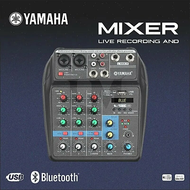 YAMAHA AG04 это полнофункциональный четырехканальный мини-микшер со встроенной звуковой картой, Bluetooth, USB-подключением, а также эквалайзером и различными эффектами реверберации.