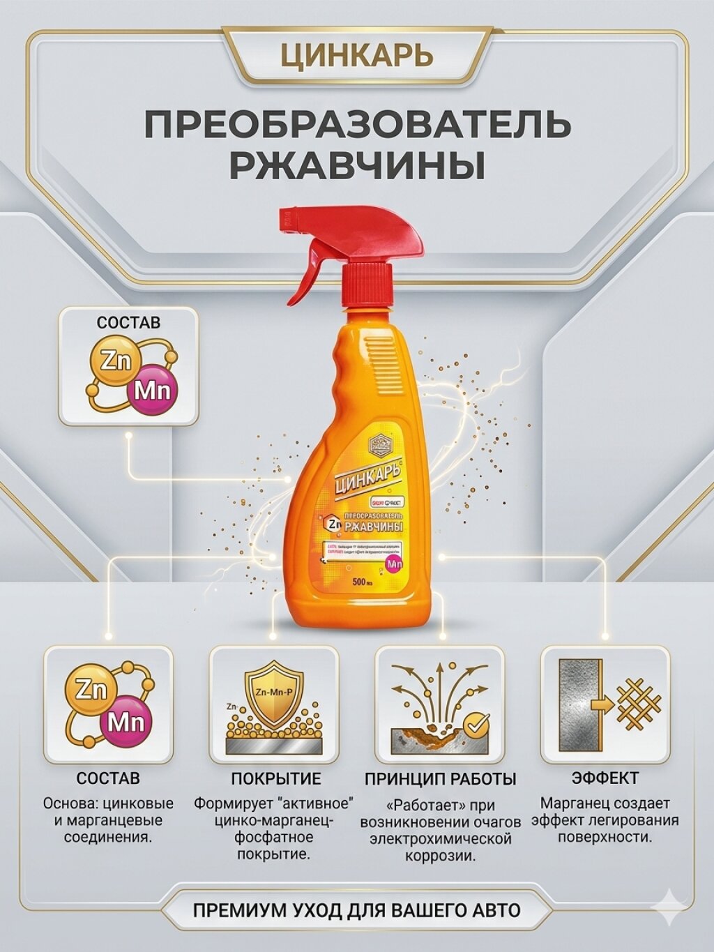 Преобразователь ржавчины Агат-авто Цинкарь триггер 500 мл