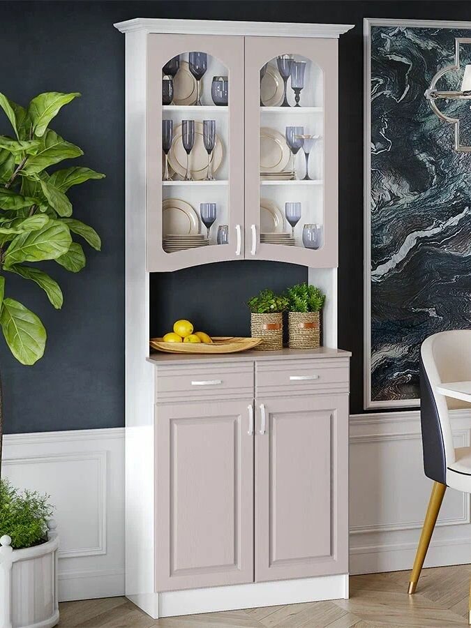 Буфет для кухни Констанция, кухонный шкаф витрина для посуды напольный с фасадами МДФ, 80х225х43 см, Мускат/Белый