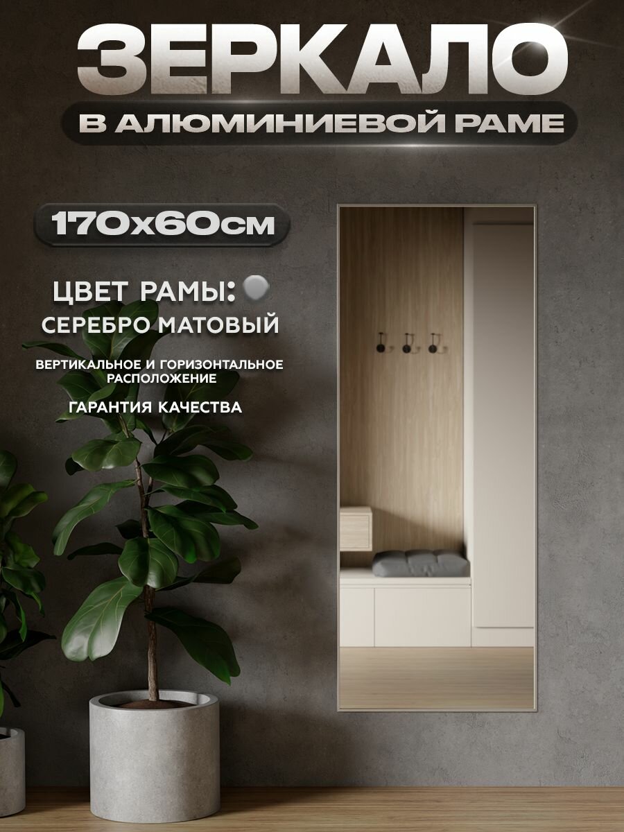 Зеркало в алюминиевой раме настенное ONE MIRROR 170х60 см. Серебро