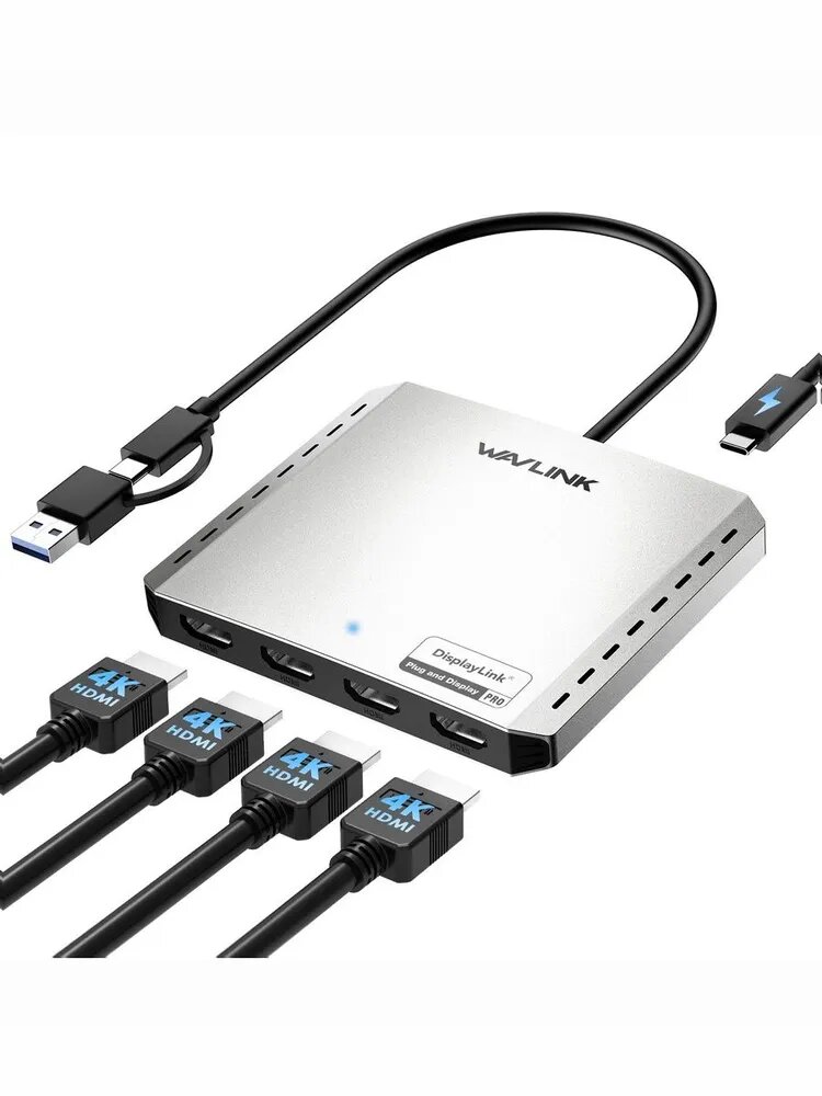 Универсальный дисплейный адаптер WAVLINK Quad 4K@ 60 Гц с PD мощностью 85 Вт для Mac OS и Windows