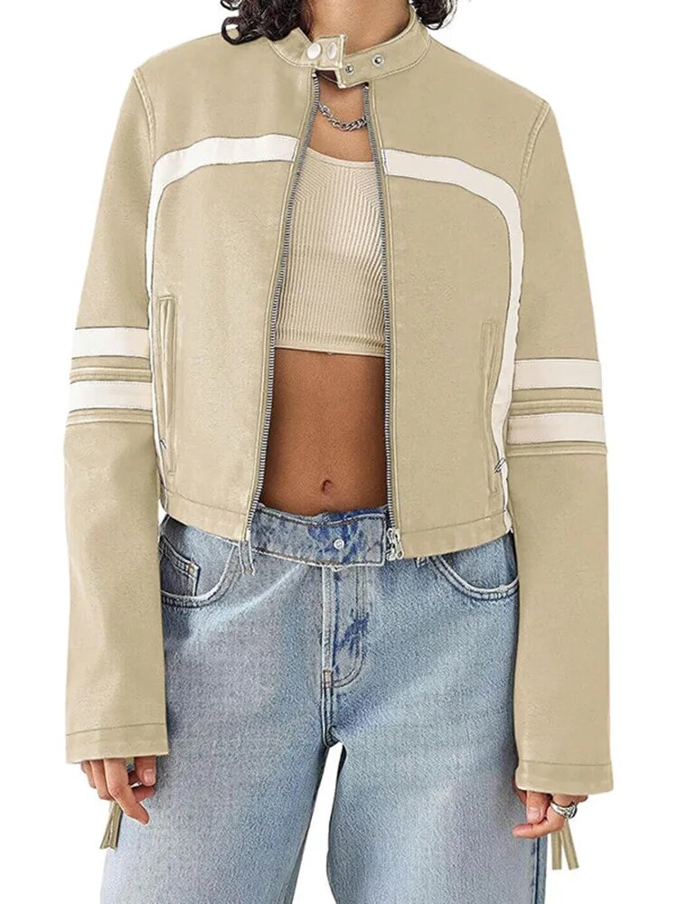 Женская мотокуртка bywindto короткая из искусственной кожи XL, Зеленый, Хаки