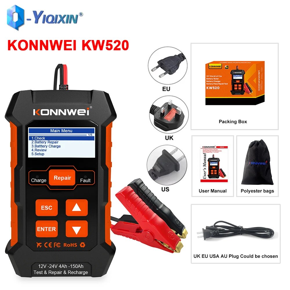 KONNWEI KW520 тестер-зарядное устройство 12В/24В, US Plug