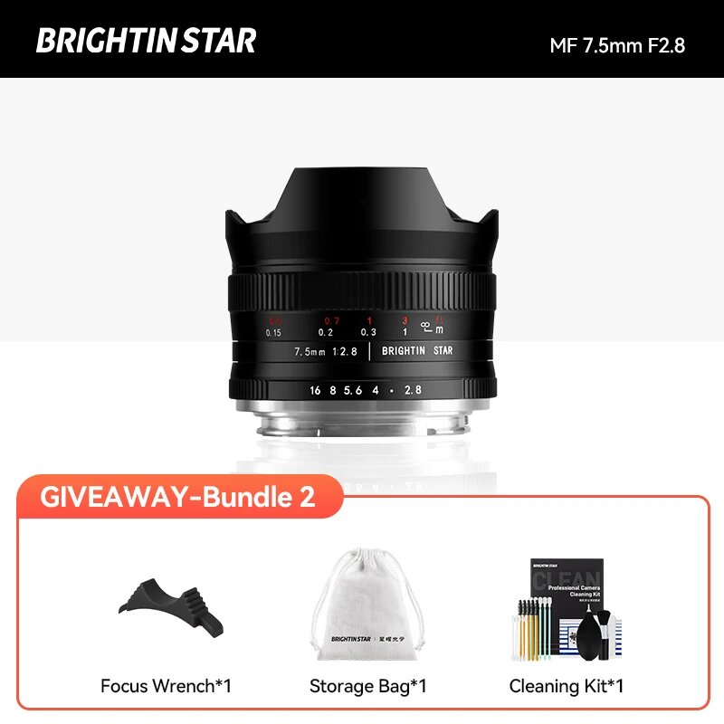 Brightin Star 7,5 мм F2,8 III объектив «рыбий глаз» для Sony Fujifilm Canon М4/3, Black Bundle 2